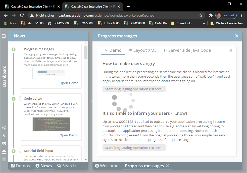 Application processing - progress indicator - CaptainCasa Enterprise Client